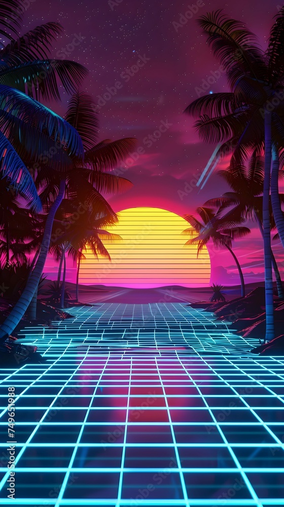 Synthwave style wallpaper background with blue neon, small palms and ...
