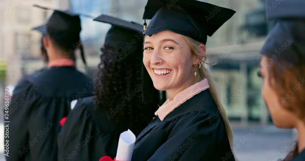 Smile, graduate and face of woman with students at university in line ...