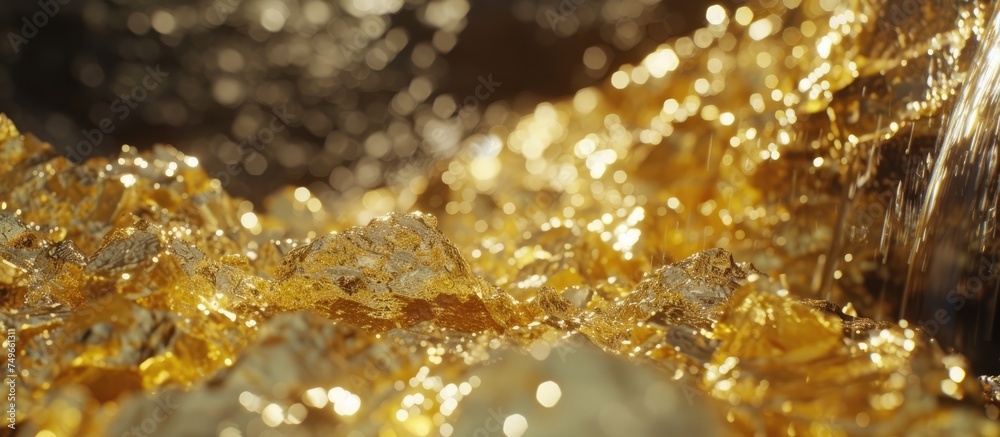 A close-up view reveals a cluster of shining gold crystals, showcasing ...
