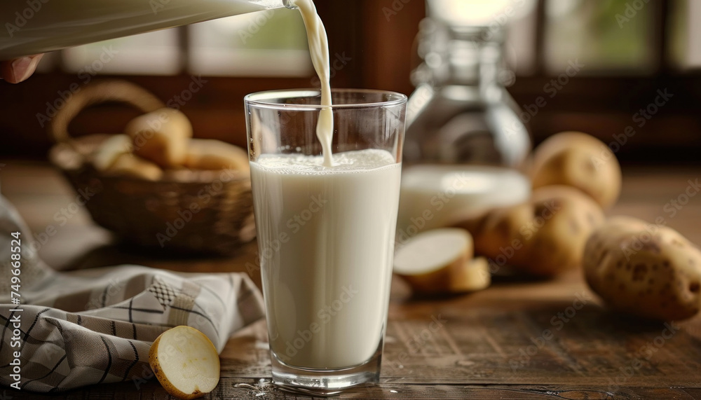 Lifestyle photo of potato milk, vegan potato milk in a glass and ...