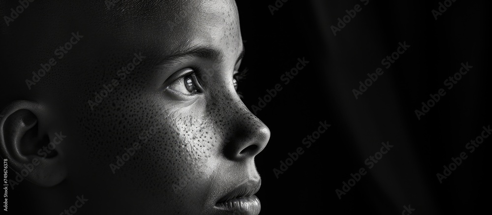 A black and white portrayal of a young boy captured in a moment of ...