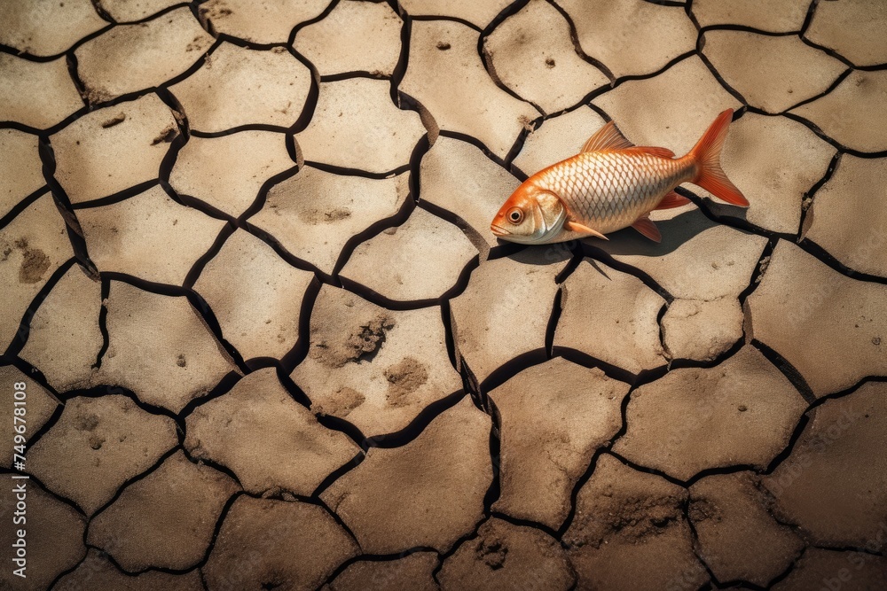 Fish out of water on parched ground, symbolizing climate change impact ...