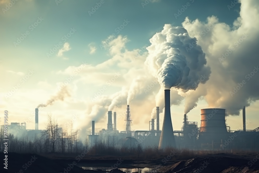 Smoke plumes rising from an industrial complex against a hazy sky ...