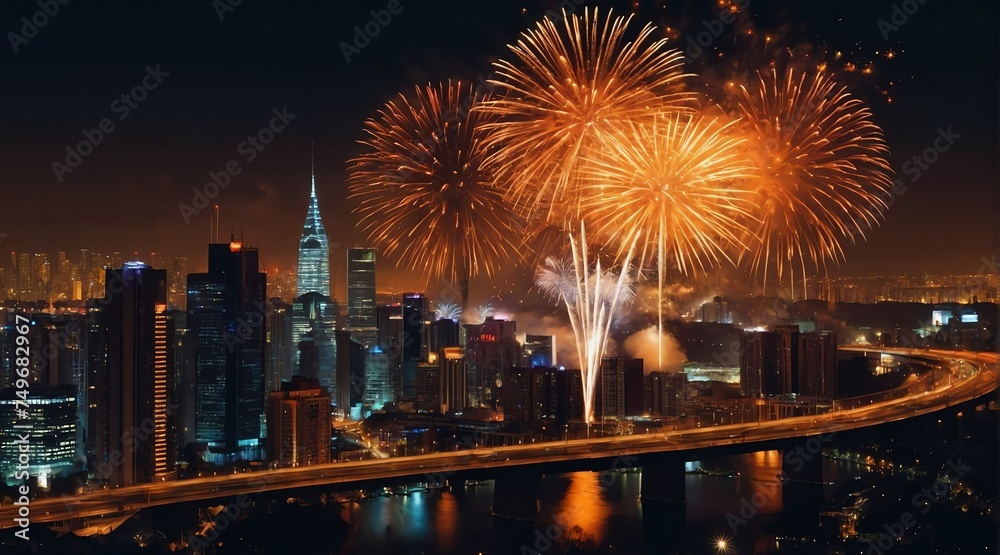 Beautiful orange fireworks display on bright busy city skyline ...