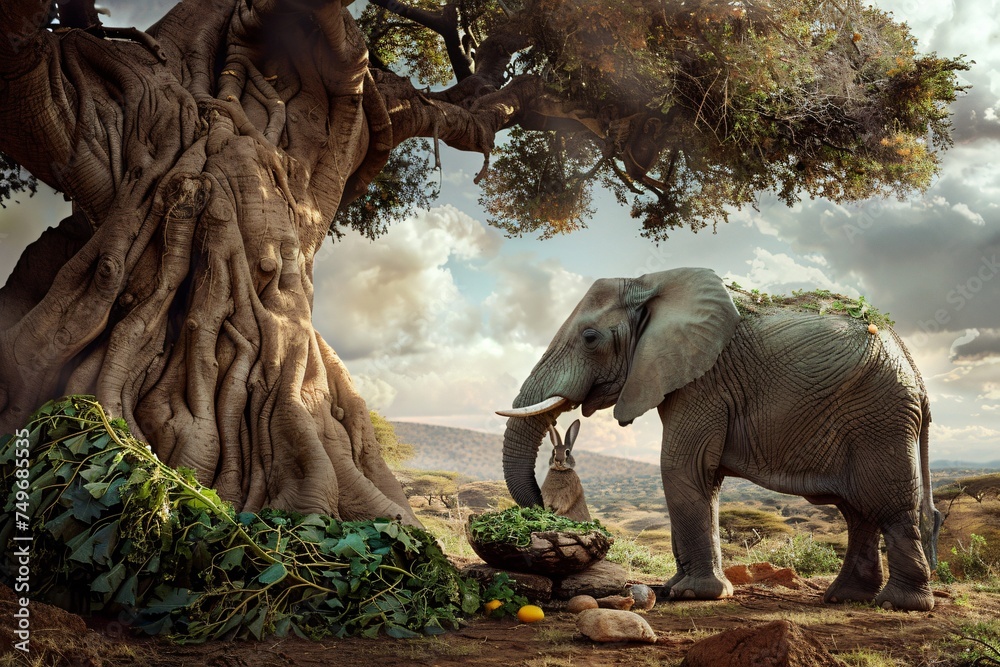 A touching scene of an elephant and a rabbit sharing a meal of healthy ...