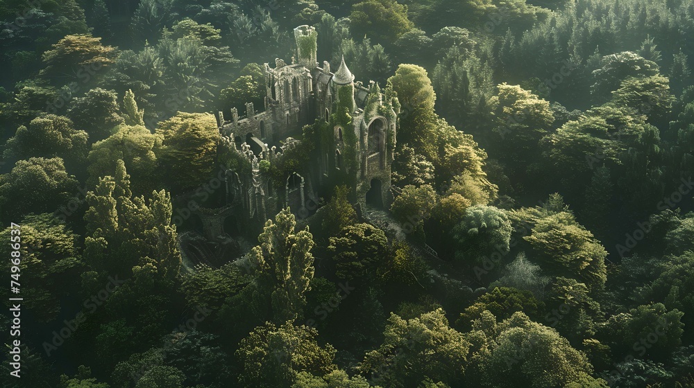 Enchanted forest castle emerging among lush greenery. fairy tale ...