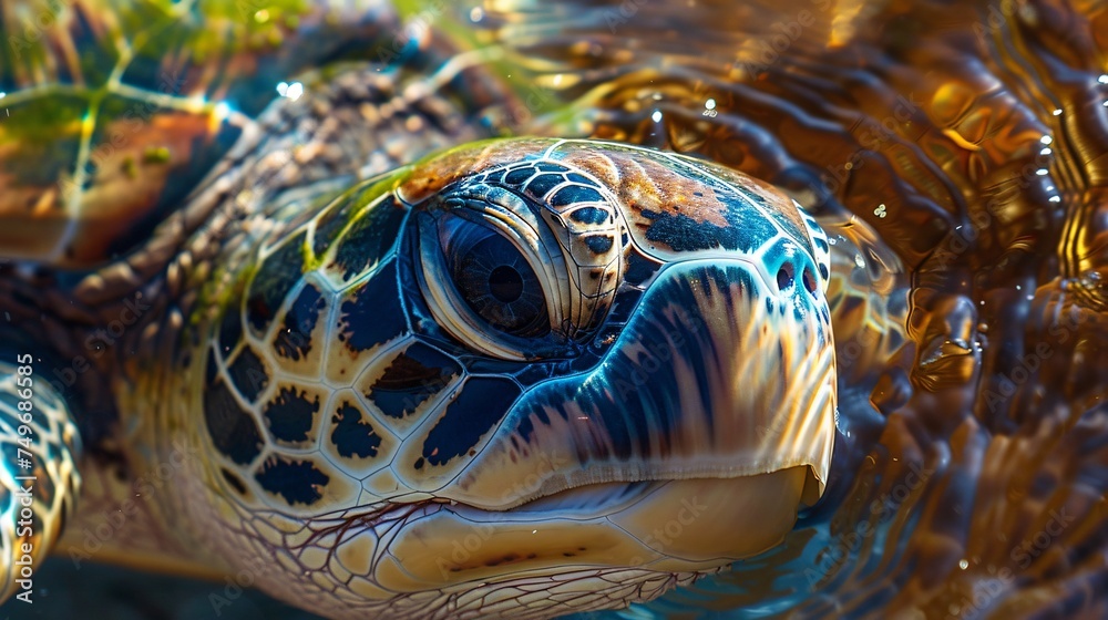 An intimate close up of a sea turtle its eyes a deep soulful blue ...