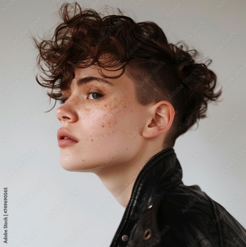 androgynous person with very short curly bowl haircut, shaved on back ...