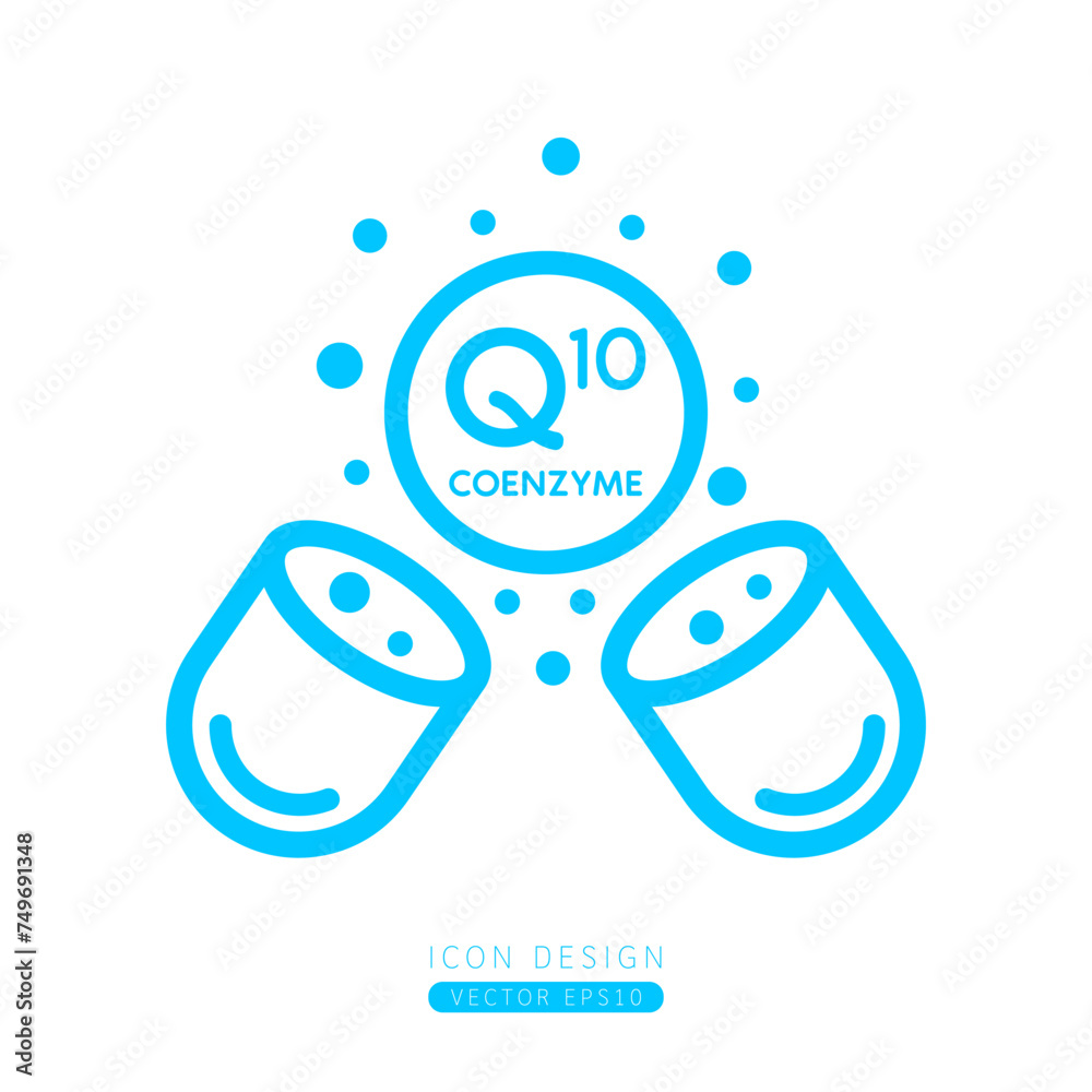 Coenzyme Q10 icon blue floating out of capsule Isolated on a white ...