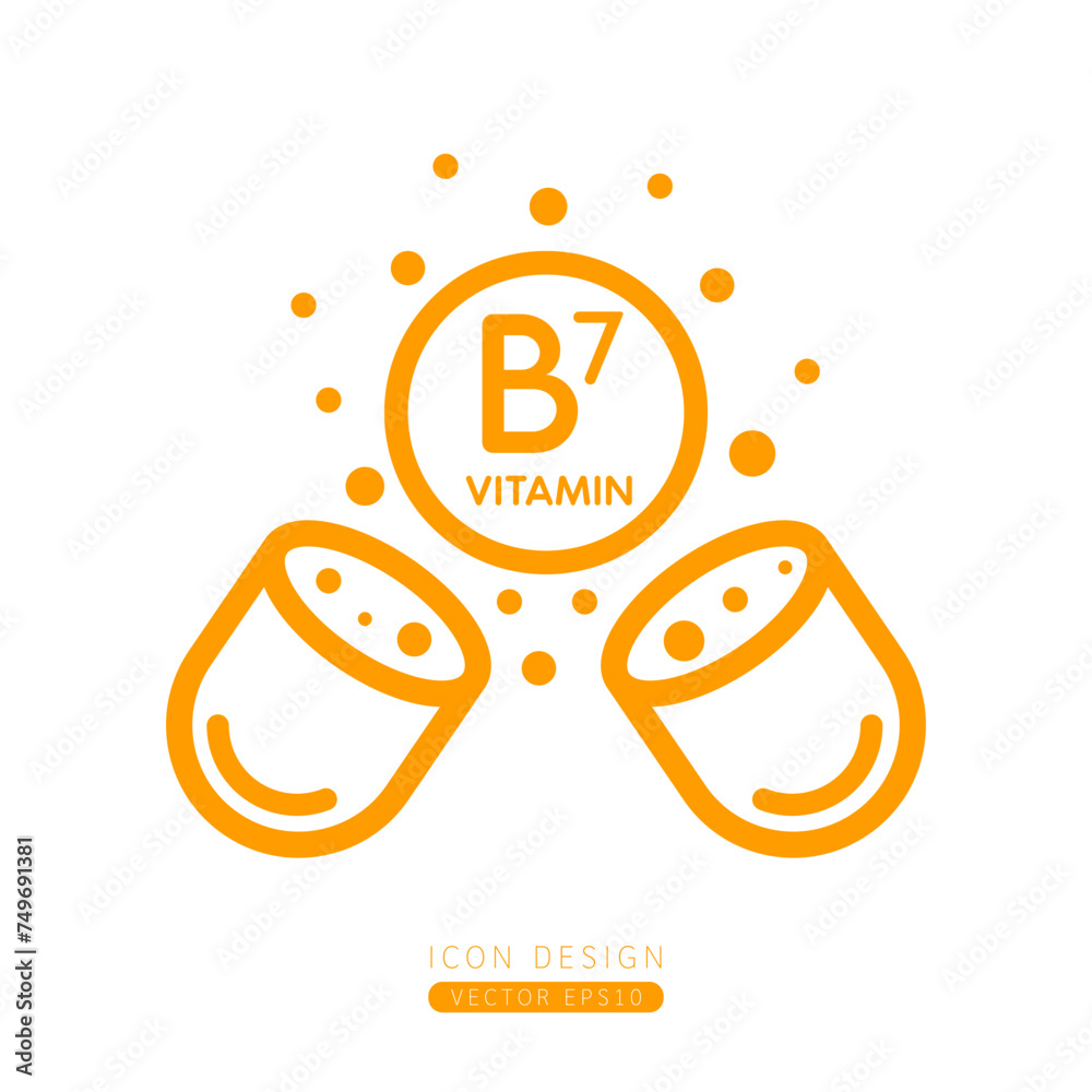 Vitamin B7 icon orange floating out of capsule Isolated on a white ...