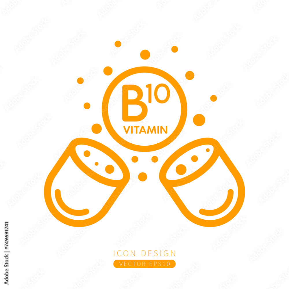 Vitamin B10 icon orange floating out of capsule Isolated on a white ...