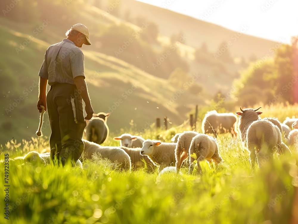 Generative AI : Farm, sheep and feeding with man in field for ...