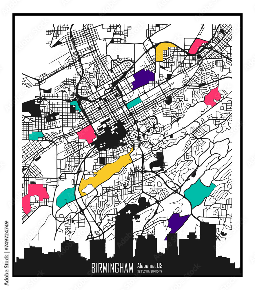 Abstract vector map of the city of Birmingham, Alabama, United States ...