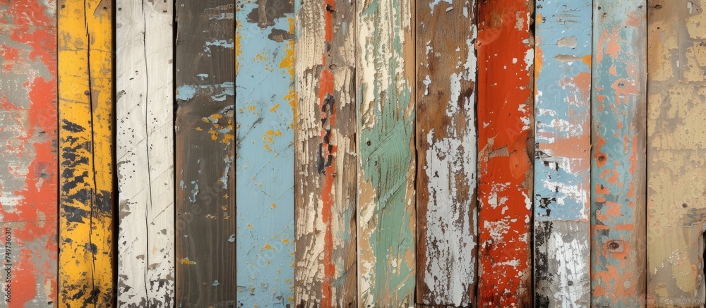 A detailed view of a wooden wall showing signs of wear and tear with ...