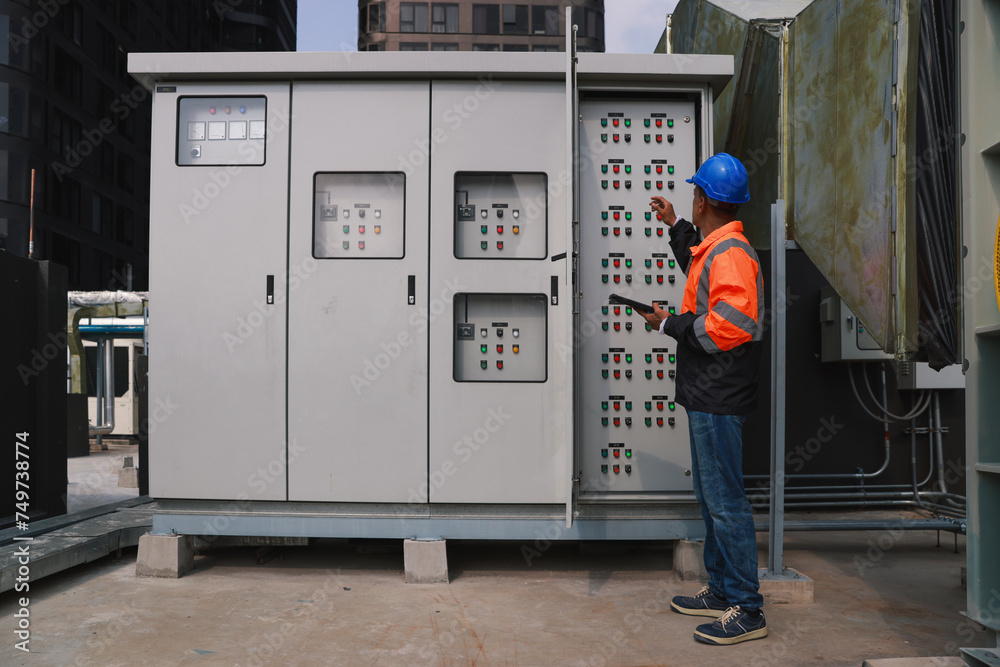 The electrical engineer checks and inspects at MDB panel (Main ...