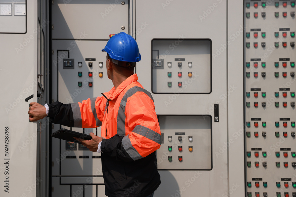 The electrical engineer checks and inspects at MDB panel (Main ...
