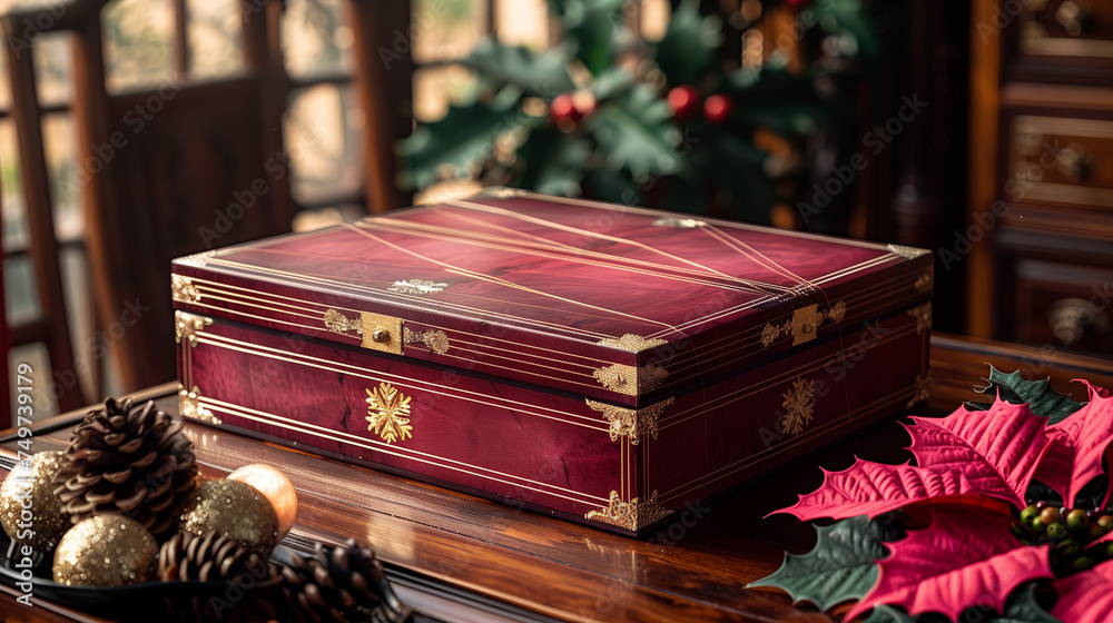 Rich maroon box, golden threads, in the quiet of a shadowed room ...