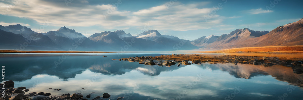 Harmony in Reflection: Mountain Range and Sky Mirrored on the Lake. 3:1 ...