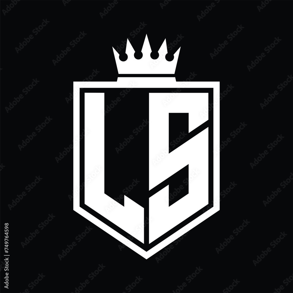 LS Logo monogram bold shield geometric shape with crown outline black and white style design ...