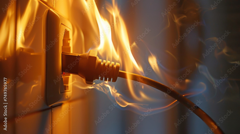 Foto de Home electric wire plug in indoor in fire caused by a short ...