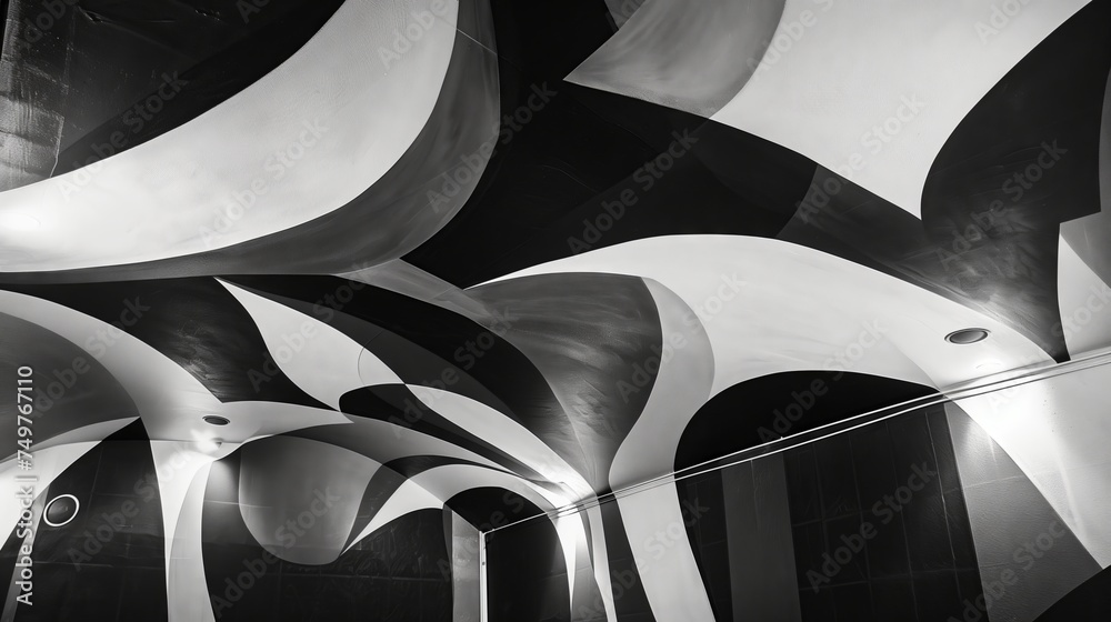 An abstract black and white ceiling with geometric shapes, styled with ...