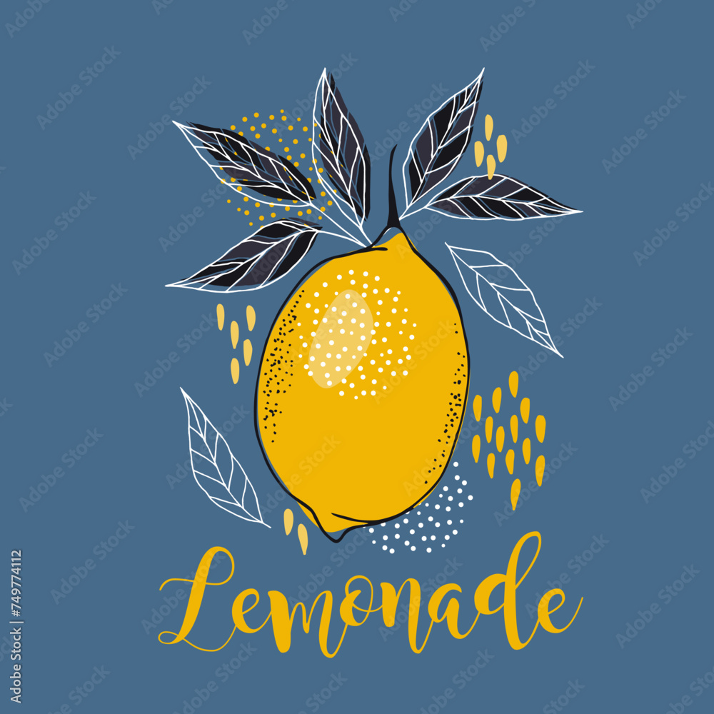 Lemon vector drawing. Citrus fruit square label template. Hand drawn ...