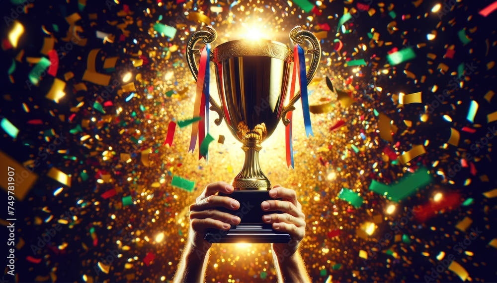 Hands triumphantly holding up a trophy cup, basking in the glory amidst ...