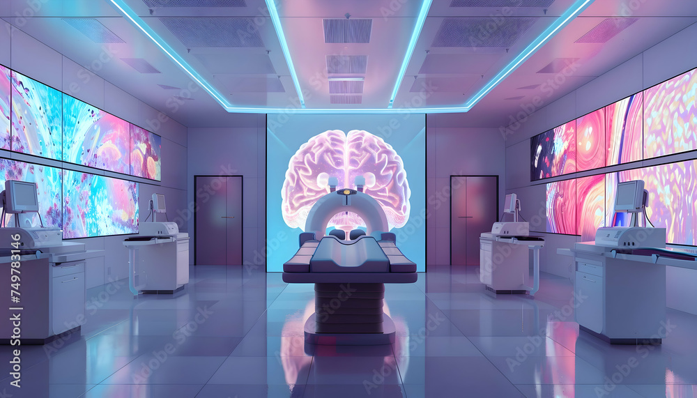 A doctor's office the backdrop is a digital displaying MRI scans of the ...