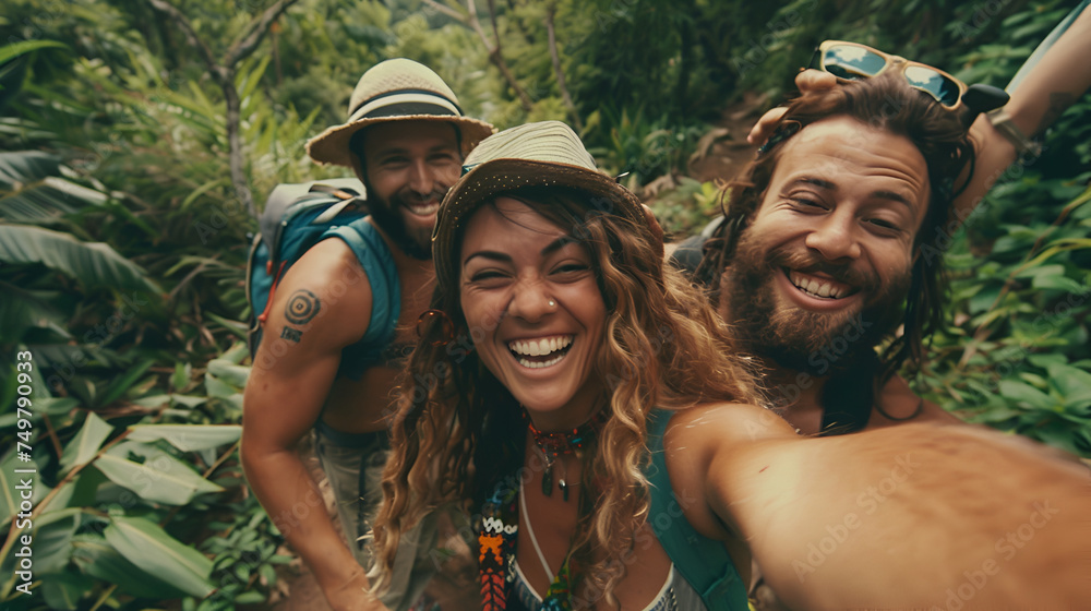 Millennial travelers laughing and enjoying a day out in nature, standing against a backdrop of ...