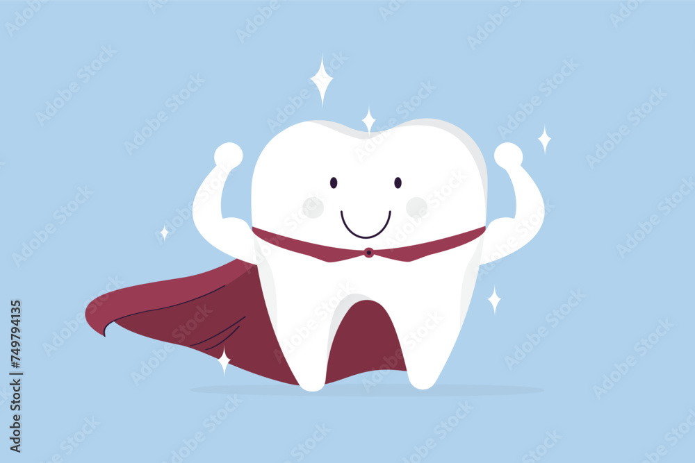 Superhero tooth. Strong healthy tooth in red cloak. Cute, smiling and ...