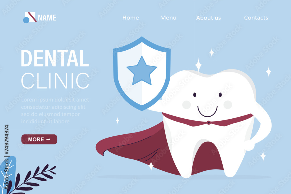 Dental clinic, landing page template. Superhero tooth with protection ...