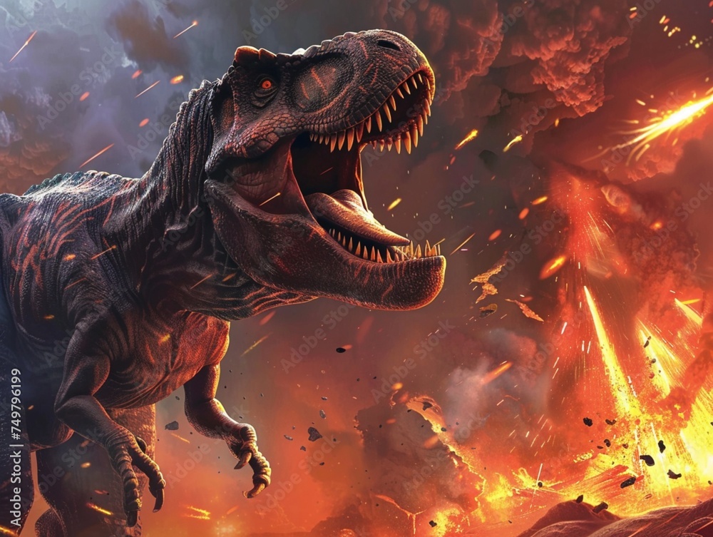 T-rex extinction, dinosaur extinction, tyrannosaurus rex in volcano ...