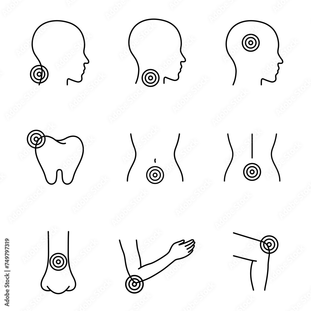 Body Ache. Disease, sickness, linear style icons set. Migraine ...