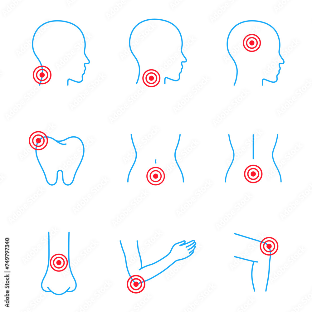 Body pain, injury icon set. Design body point pain template. Migraine ...