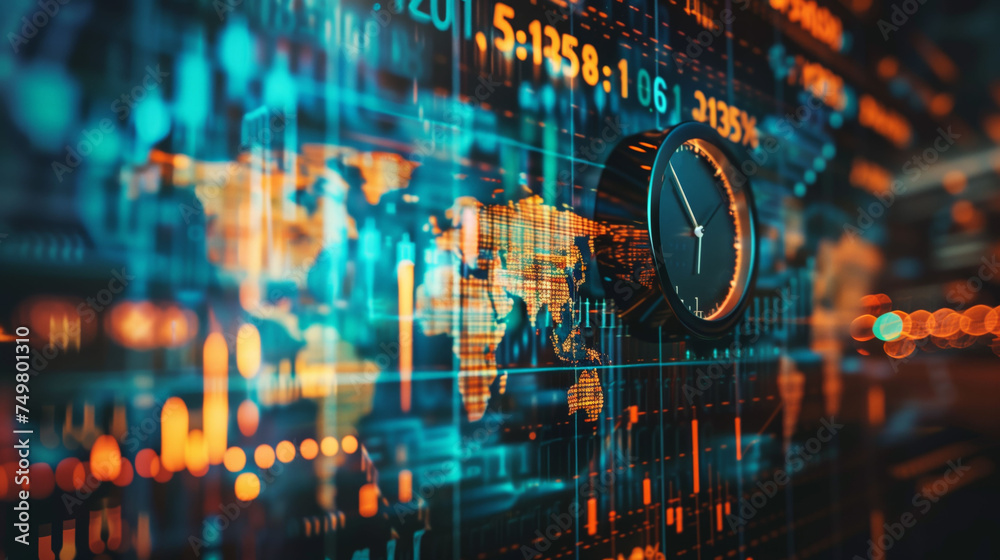 Analog clock on a digital world map background, depicting different ...