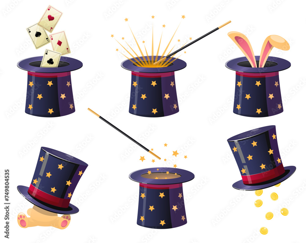 Cartoon magician hat and wand. Illusionist show cylinder cap. Magical ...