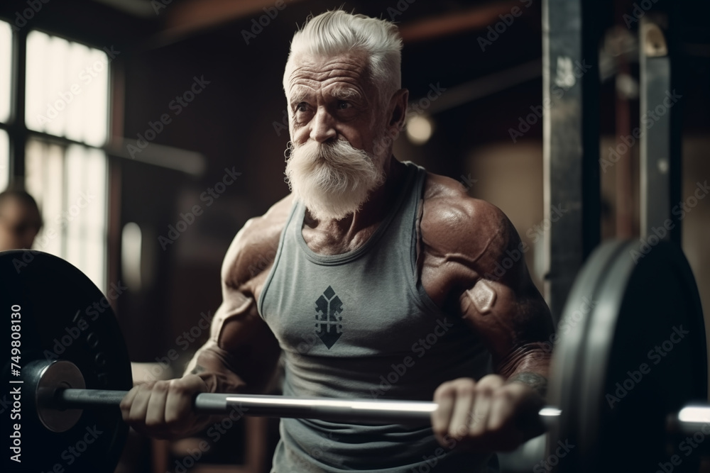 Bodybuilder. Elderly pensioner old man lifts a barbell in gym smiling ...