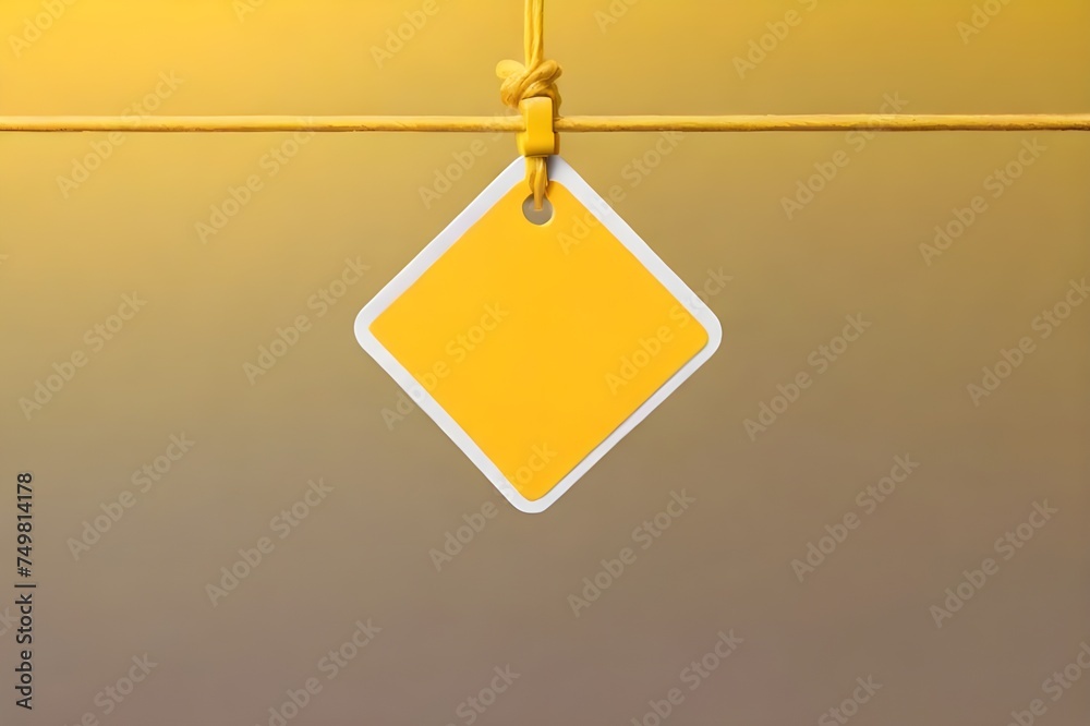 Blank nametag mock up hanging on a string on yellow background with ...