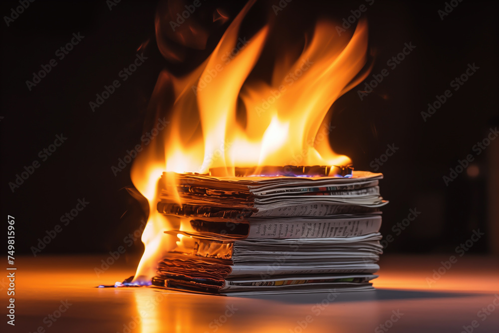 Newspapers in fire. Books and magazines on fire on black background ...