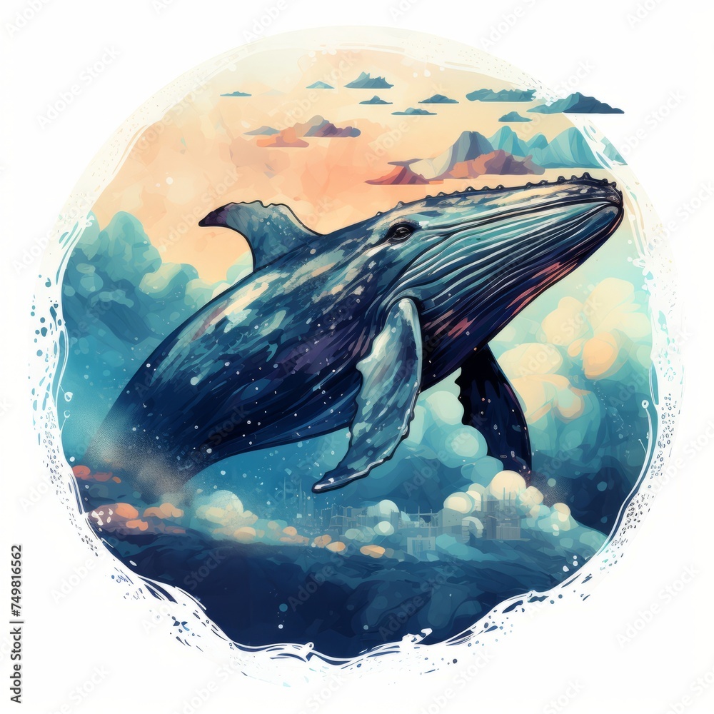 Logo design, Surrealist inspired, a humpback whale flying through ...