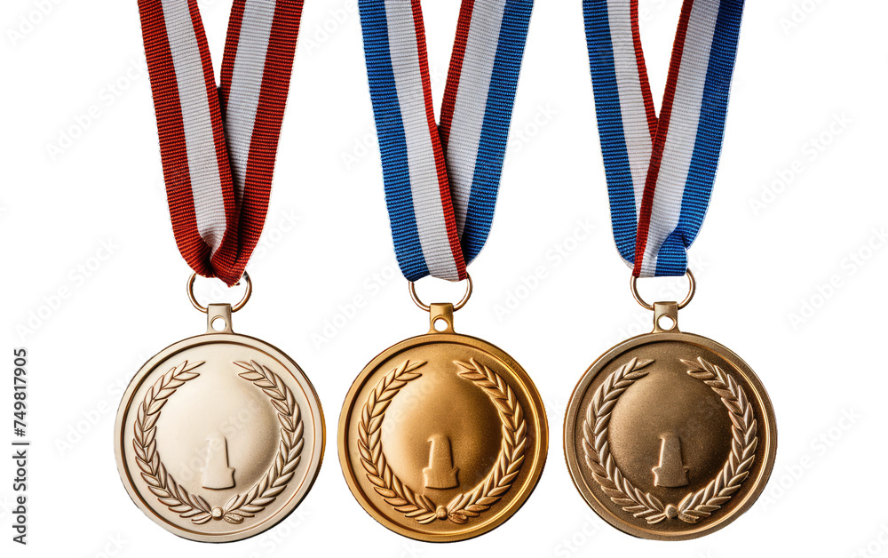 Three Gold Silver and Bronze Medals. Three shiny medals of gold silver ...
