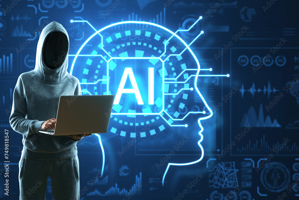 Hacker with laptop and creative glowing digital brain hologram on blurry background. AI, hacking ...