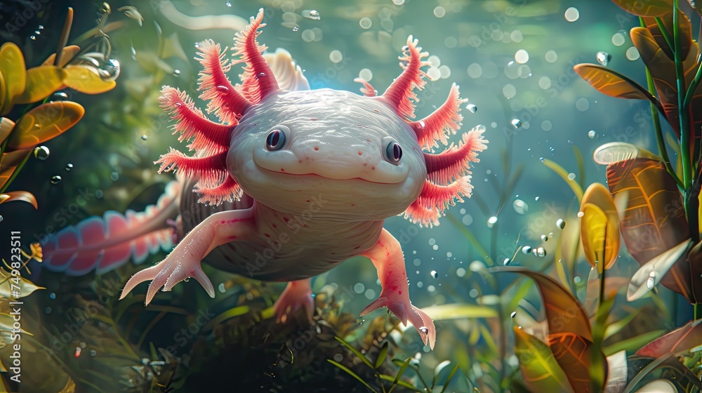 Amongst the vibrant aquatic greenery of its water tank, a friendly ...