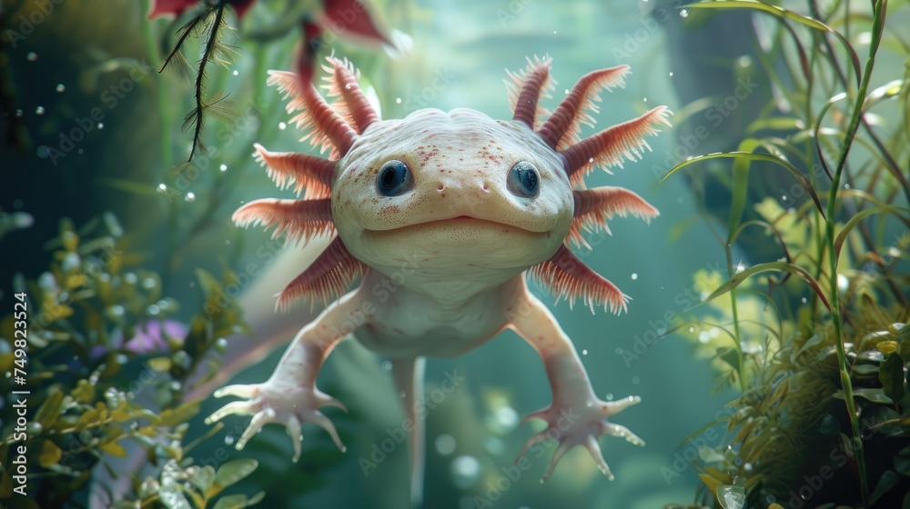 A friendly axolotl with gill stalks floats effortlessly in a water tank ...