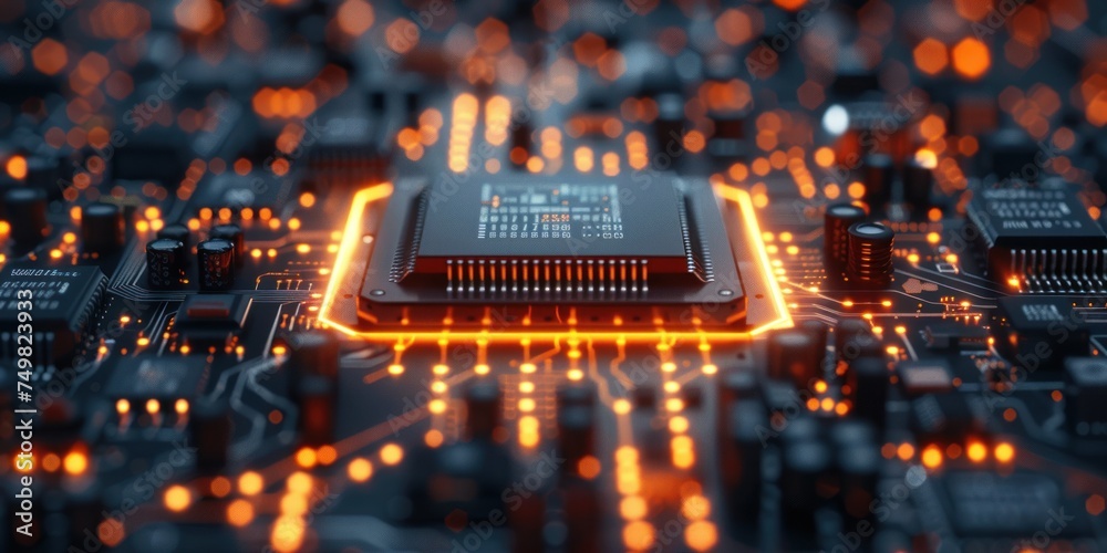 Macro shot of a microchip in medical equipment network lines pulsing ...