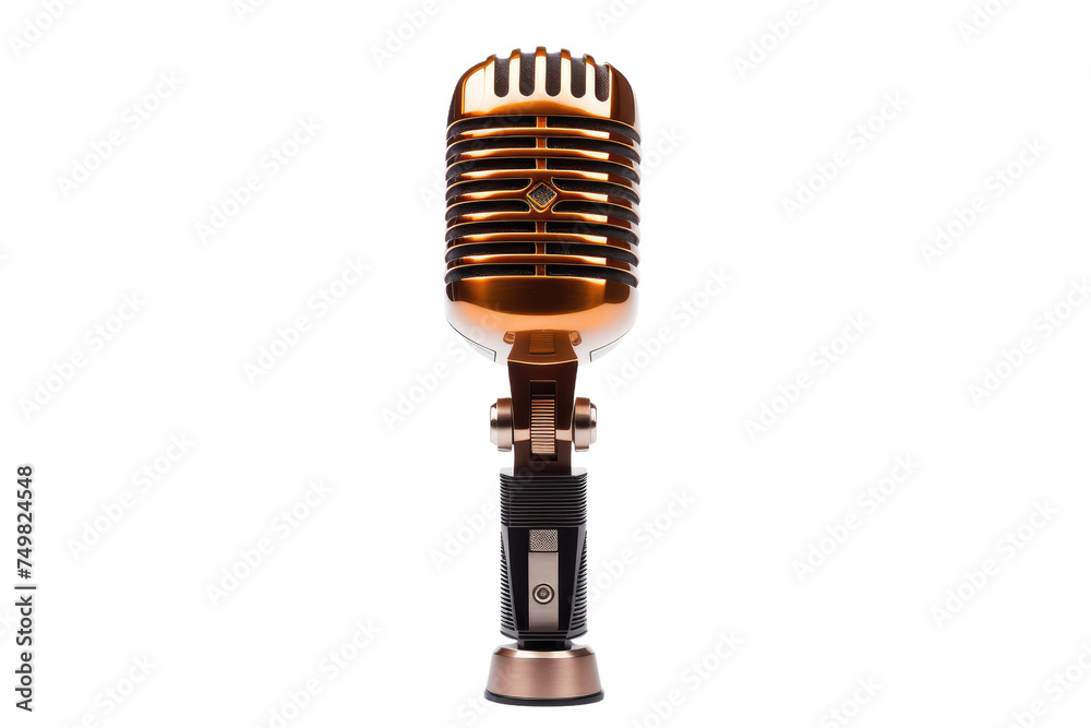 Vintage Microphone. An old-fashioned microphone stands upright against ...