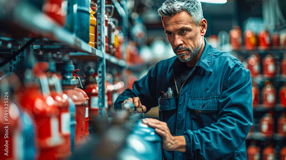 Portrait of mature male fire inspector conducts an inspection checks ...