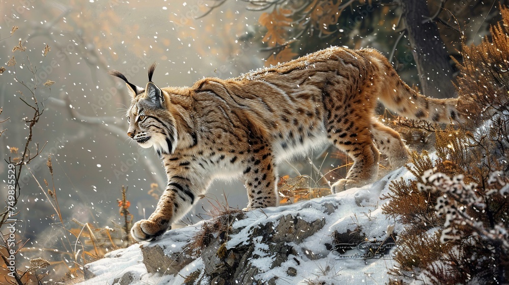 Lynx prowling on the edge of a forest, crisp, icy background Stock ...