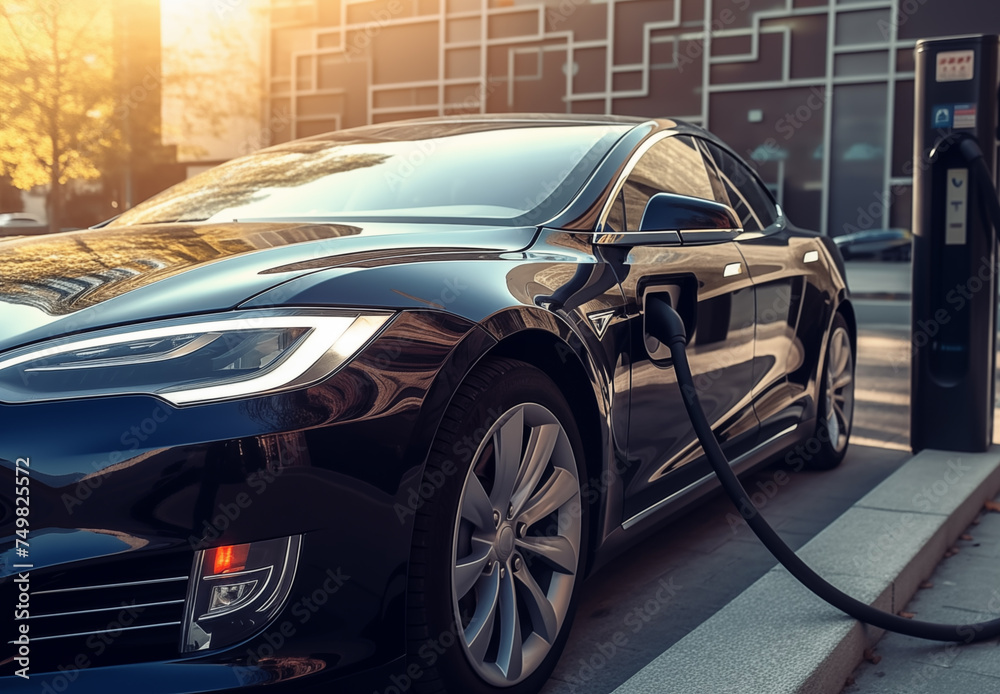 Electric Car on Charging. Charge an Electric Car. Powered car charging ...