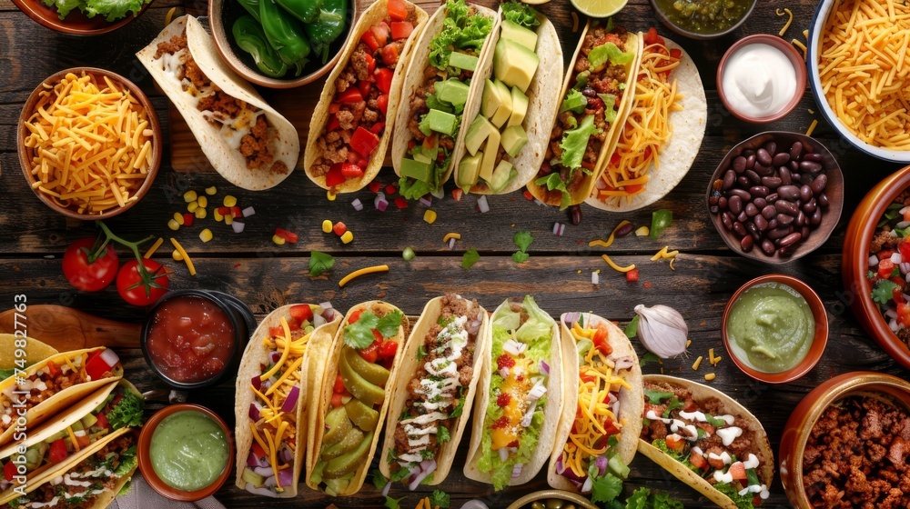 Flat lay of a taco bar set up with an assortment of taco fillings such ...